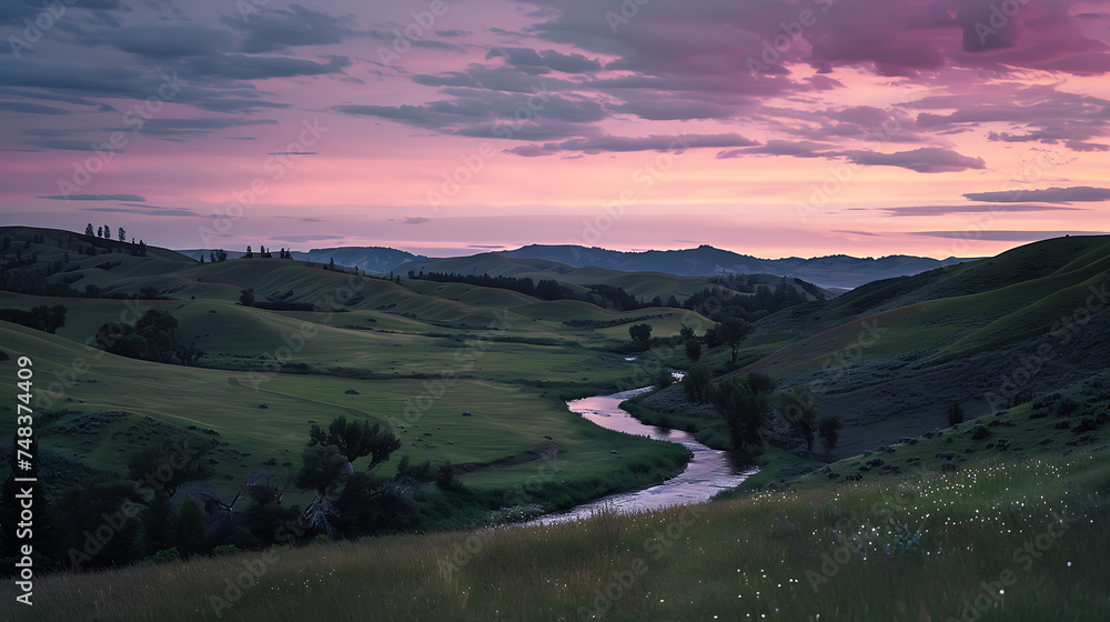 Paisagem campestre serena ao pôr do sol colinas verdes rio sinuoso e ...
