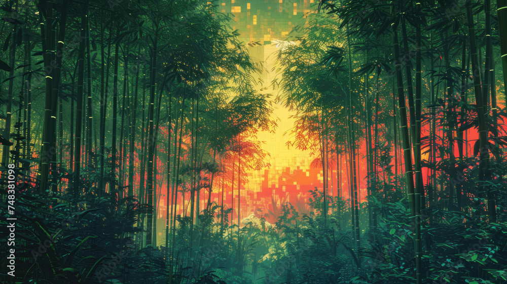 2-bit pixel art, edge of a bamboo forest, in the style of a 16-bit ...