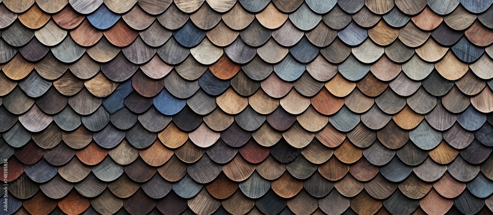 This close-up view showcases a detailed wooden roof made of vintage ...