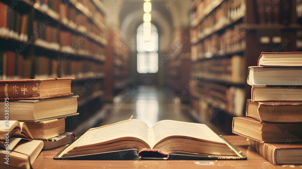 Book in library with old open textbook, stack piles of literature text ...