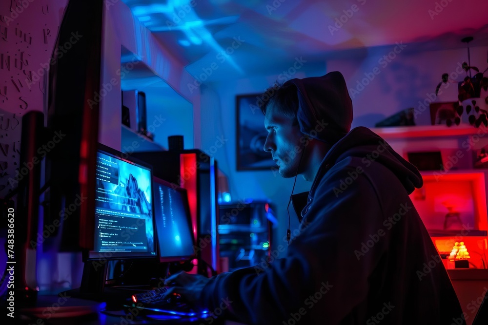 Hacker in a dimly lit room Focused intently on his computer screen Engaging in cybercrime and ...