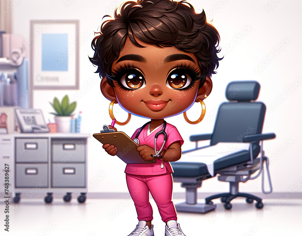 Cartoon nurse character in pink scrubs holding a clipboard in a well ...