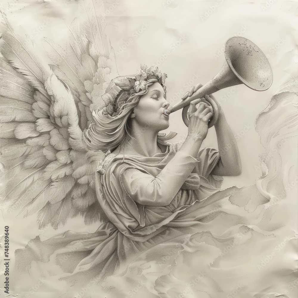Angel blowing a trumpet, monochrome illustration in the style of ...