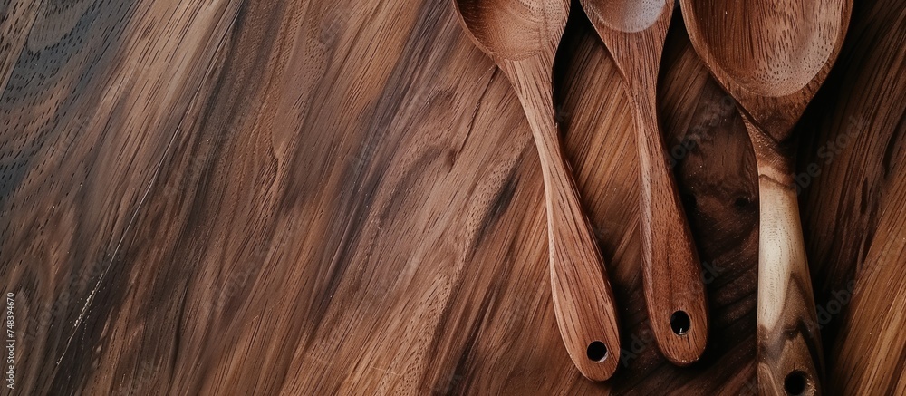 A close-up view of several wooden spoons arranged neatly on a brown ...