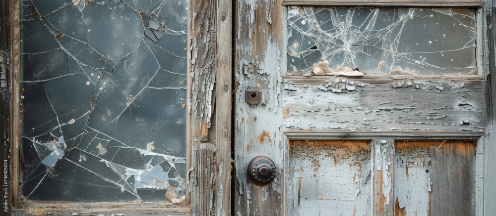 An aged door, covered in grime and neglect, stands with a cracked glass ...