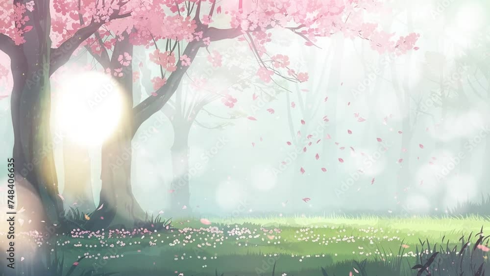 spring background in anime cartoon illustration style. seamless looping ...