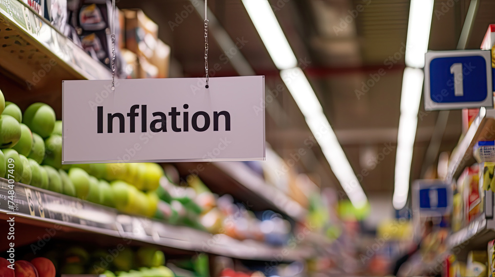 inflation sign at the supermarket or grocery store isle. To represent ...