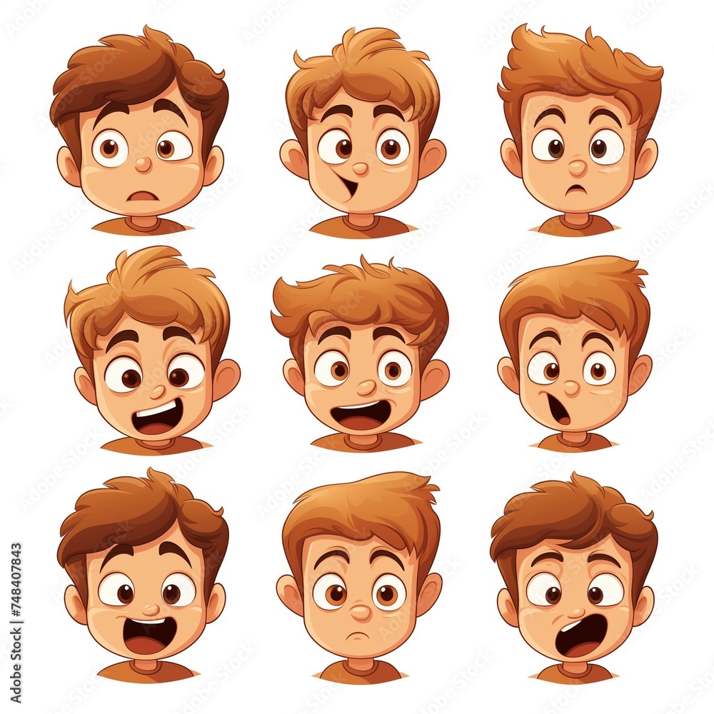 Set of Cartoon Boy Facial Expressions Isolated on White Background ...