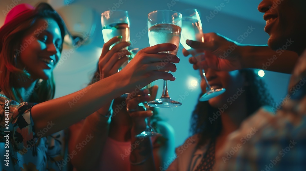 Multi ethnic friends group toasting cocktails Happy young people having ...