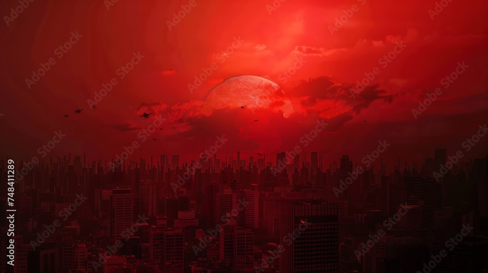 Red sunset over the city Black red abstract background Dramatic sky ...