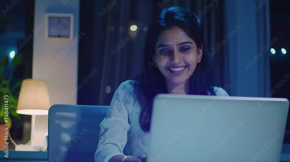 Smiling indian girl student professional employee typing on laptop sit ...