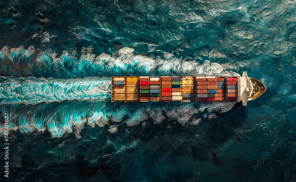 Overhead Panoramic Perspective of a Merchant Vessel Carrying Colorful ...