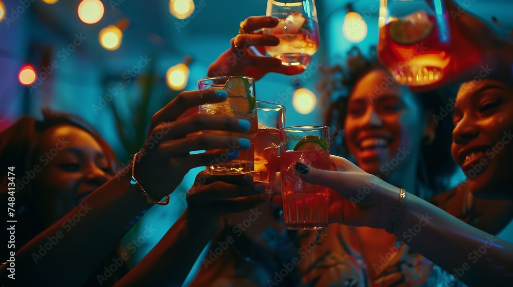 Multi ethnic friends group toasting cocktails Happy young people having ...