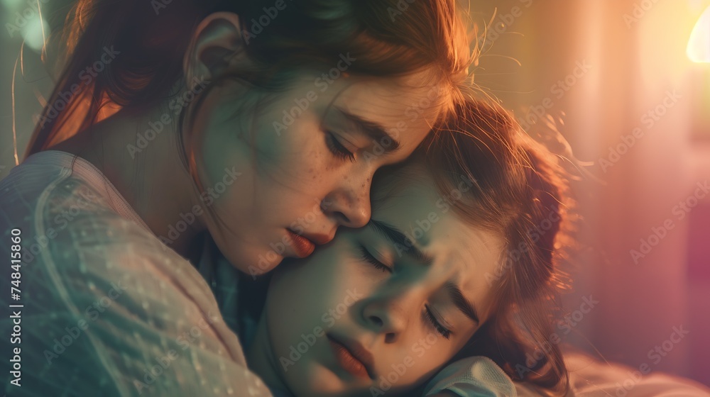 Worried parent young mom comforting depressed crying teen daughter ...