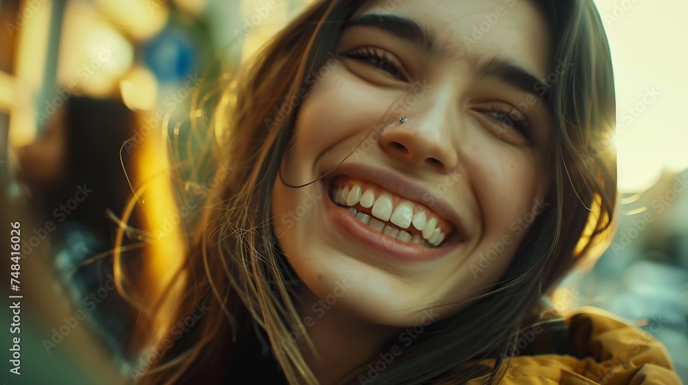 Beauty woman with white smile and teeth between friends in the street ...