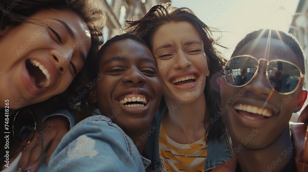 Multicultural happy friends having fun taking group selfie portrait on ...