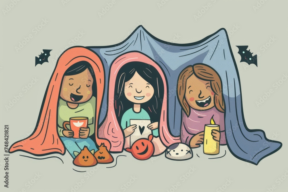 Cartoon cute doodles of a sleepover party with friends telling spooky ...