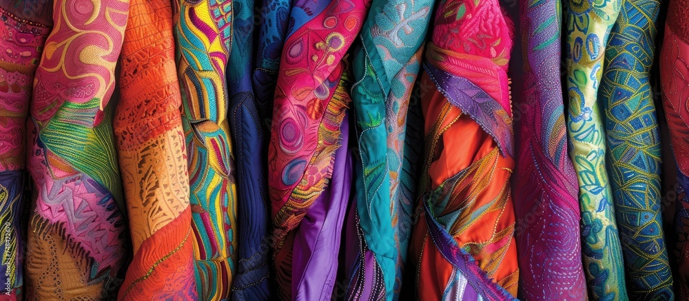 A group of vibrant and dazzling textile designs are hanging on a rack ...