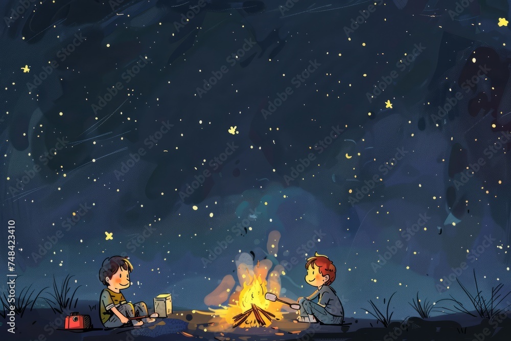 Cartoon cute doodles of friends having a campfire and roasting ...