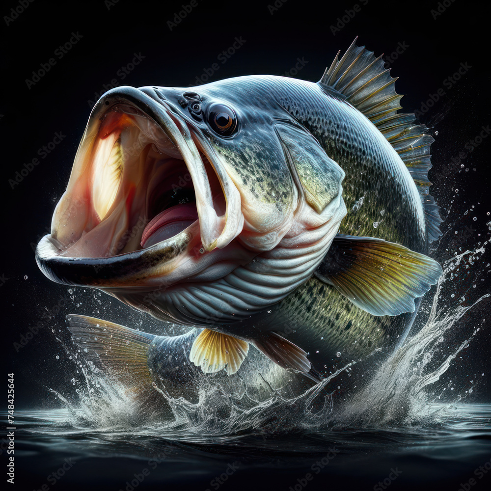 Bass fish isolated on black, Large mouth bass jumping out of the water ...