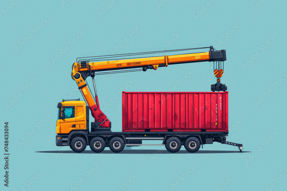 Crane truck loading container cargo box on trailer. Side view mobile ...