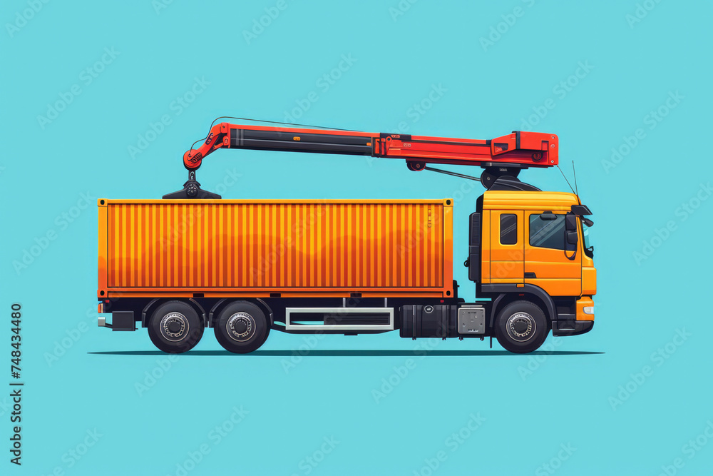 Crane truck loading container cargo box on trailer. Side view mobile ...