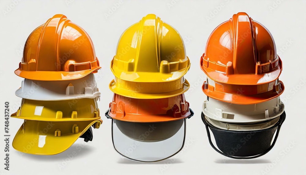 set collection of fireman and hard safety orange or yellow helmet cap ...