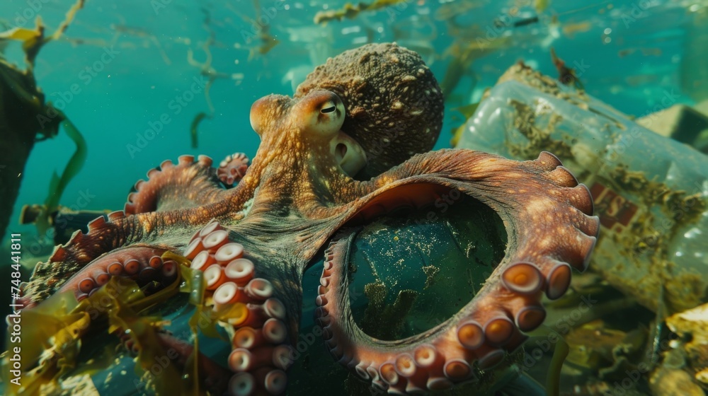 An anguished octopus desperately clings to a discarded piece of plastic ...