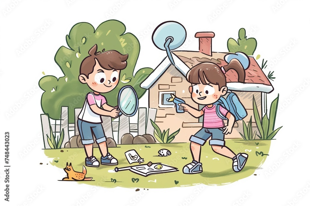 Cartoon cute doodles of siblings having a scavenger hunt in the ...