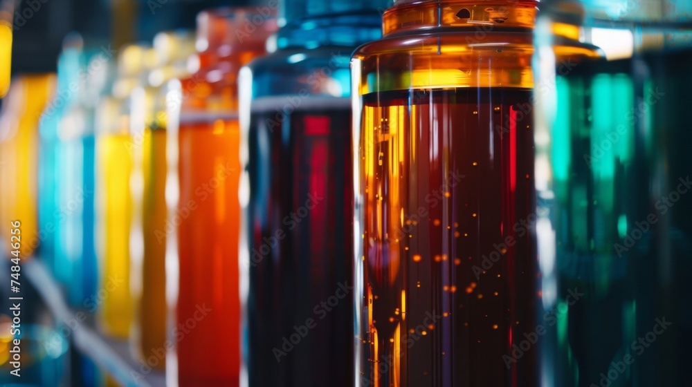 Multiple barrels and containers of different colored liquid resins ...