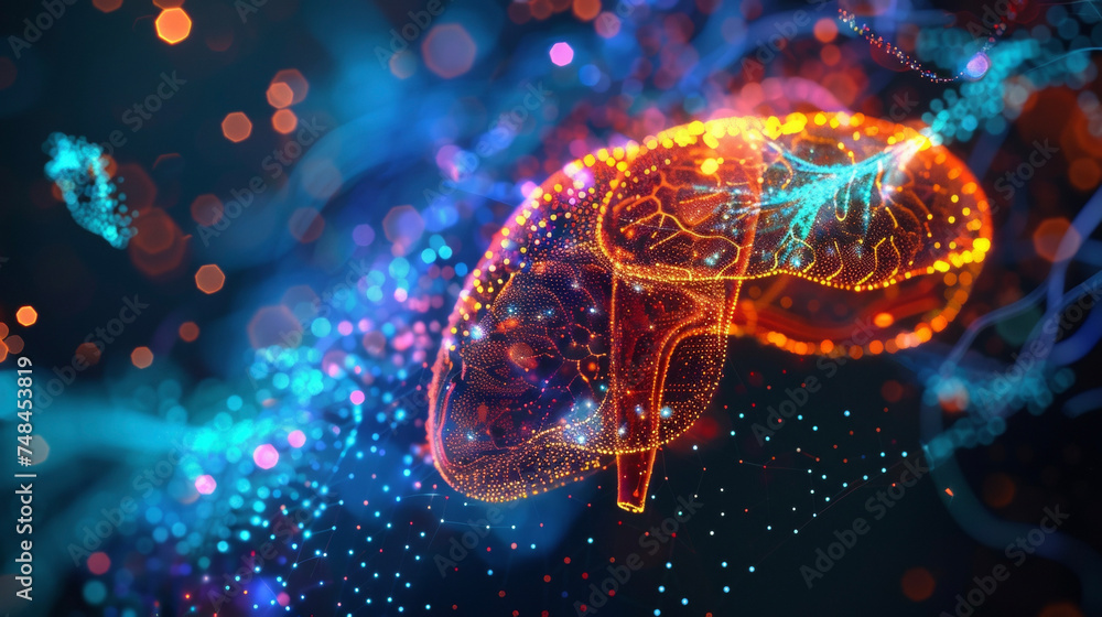 A closeup of a holographic liver highlighting its lobes and functions ...