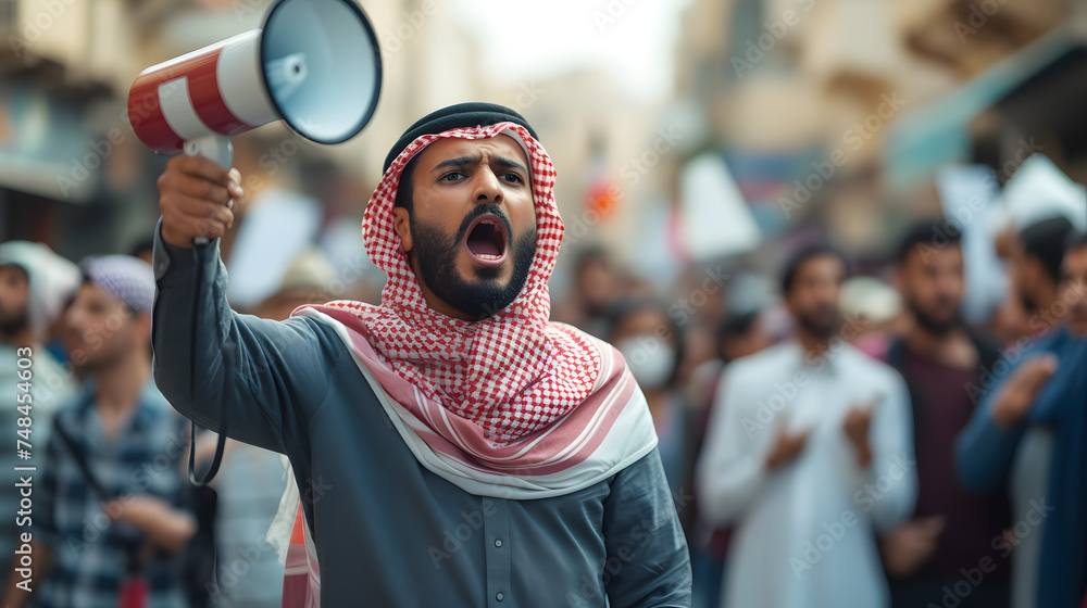Arab Muslim man activist angry shouting for his cause among people ...