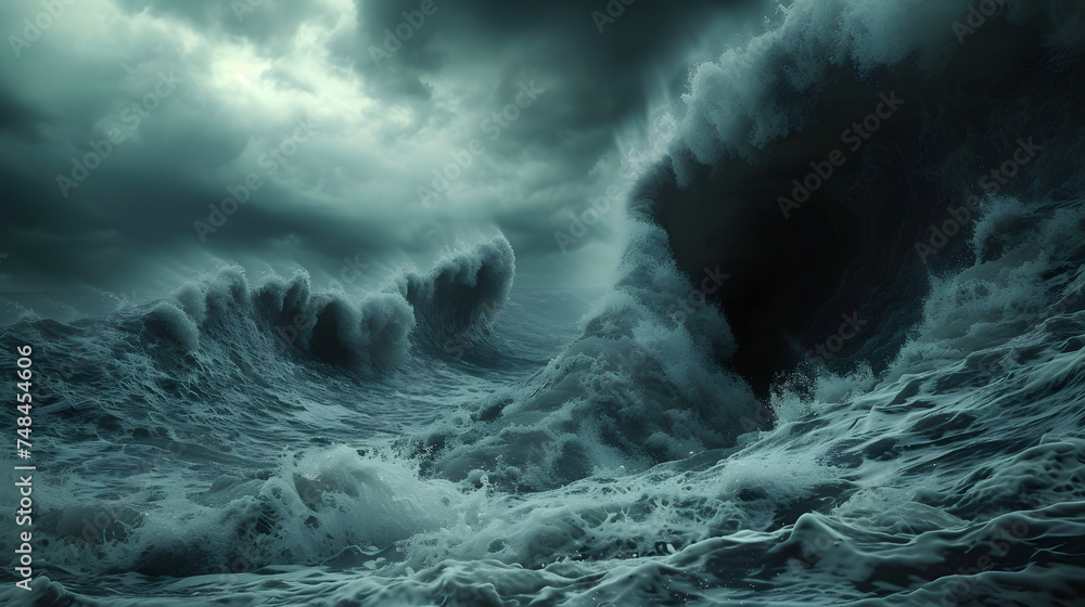 apocalyptic dramatic background, giant tsunami waves, dark stormy sky ...
