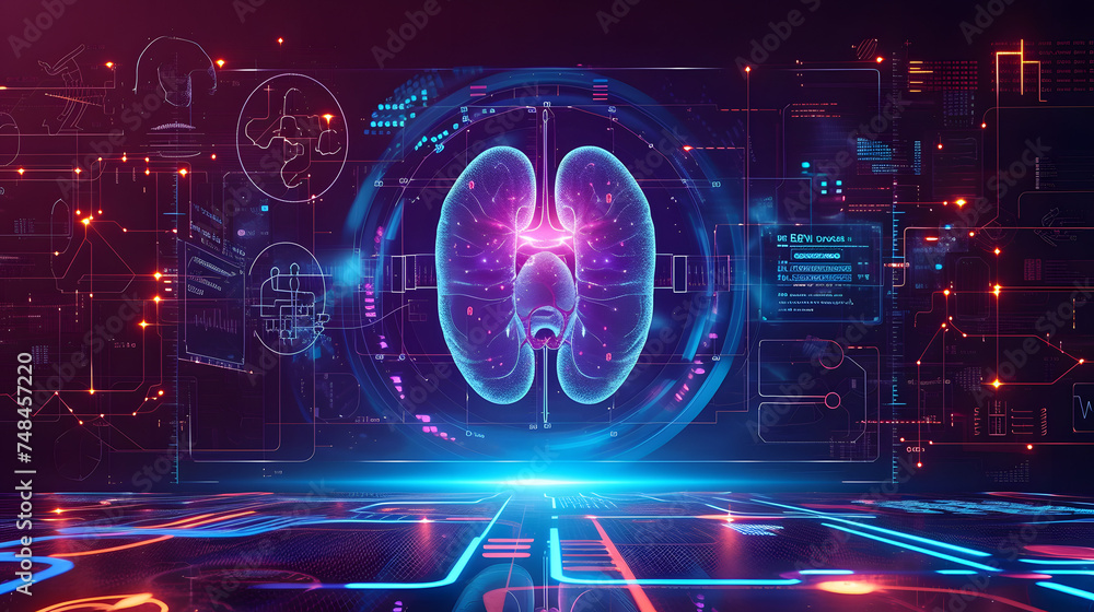 futuristic medical research or kidney health care with diagnosis and ...