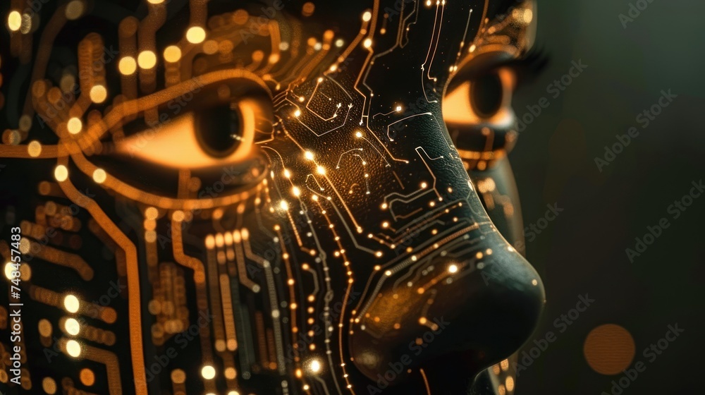 Futuristic Cyborg Face Close-Up with Circuit Patterns, A detailed close ...