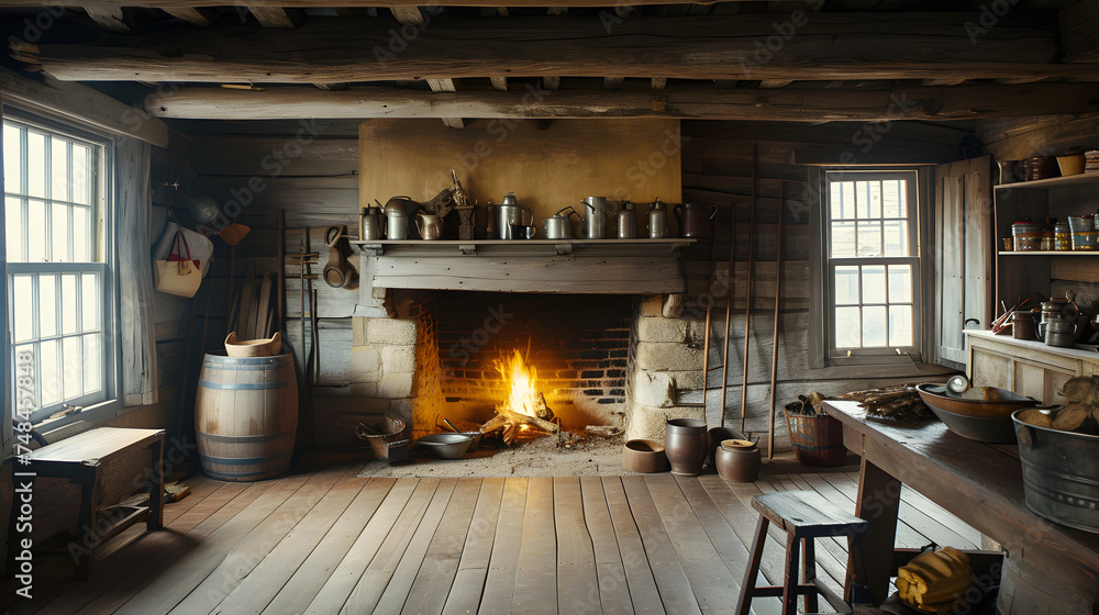 Inside a 1700s, early 1800s, colonial or pre electric age old wood ...