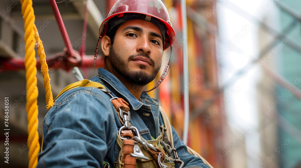 Latino construction worker, positive, working at heights, scaffolding ...