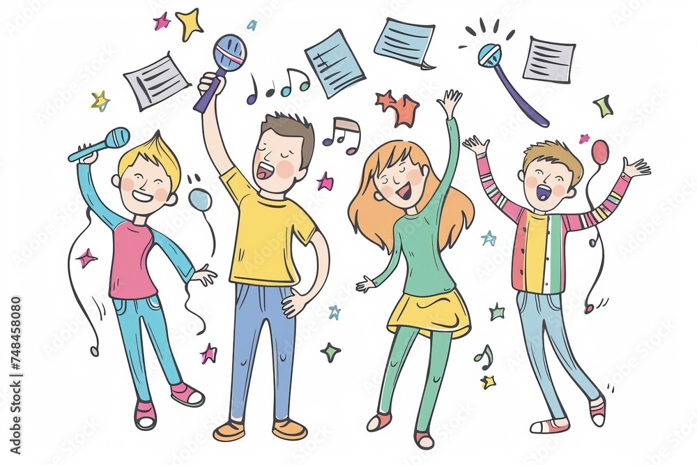 Cartoon cute doodles of a family karaoke night, with microphones, song ...