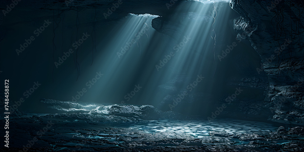 Horror Cave with sunlight beams deep and rocks in bottom and dark ...