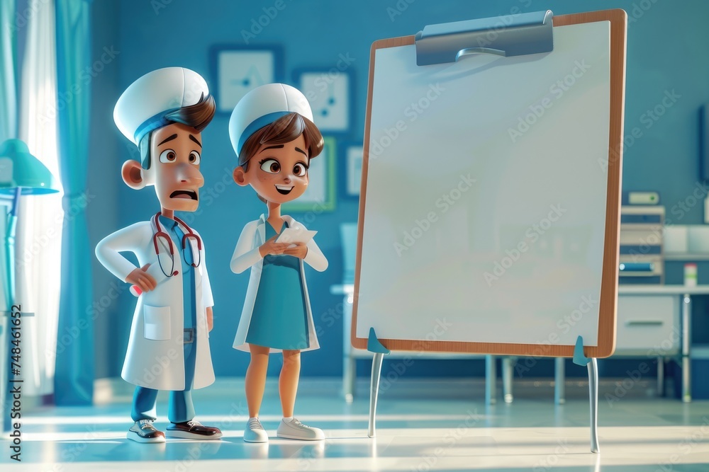 Cartoon characters doctor and nurse near the big clipboard with blank ...