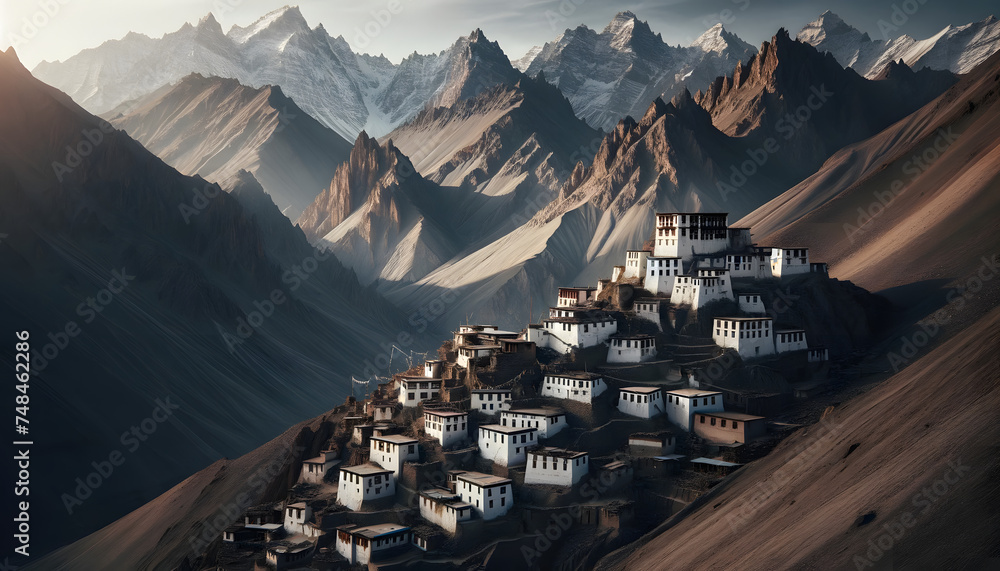 an ancient high-altitude village nestled on rugged mountain slopes. The ...