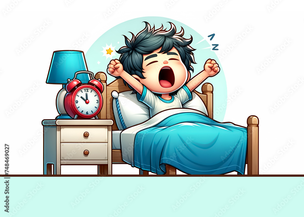 Digital illustration of a cartoon character of a little boy waking up ...