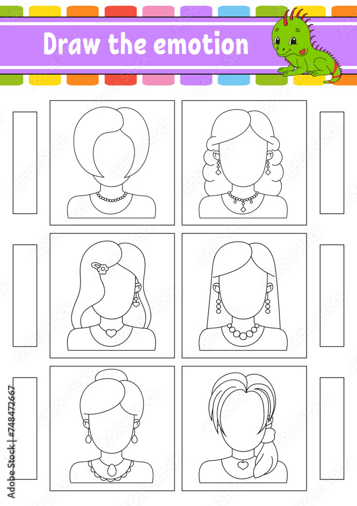 Draw the emotion. Worksheet complete the face. Coloring book for kids ...