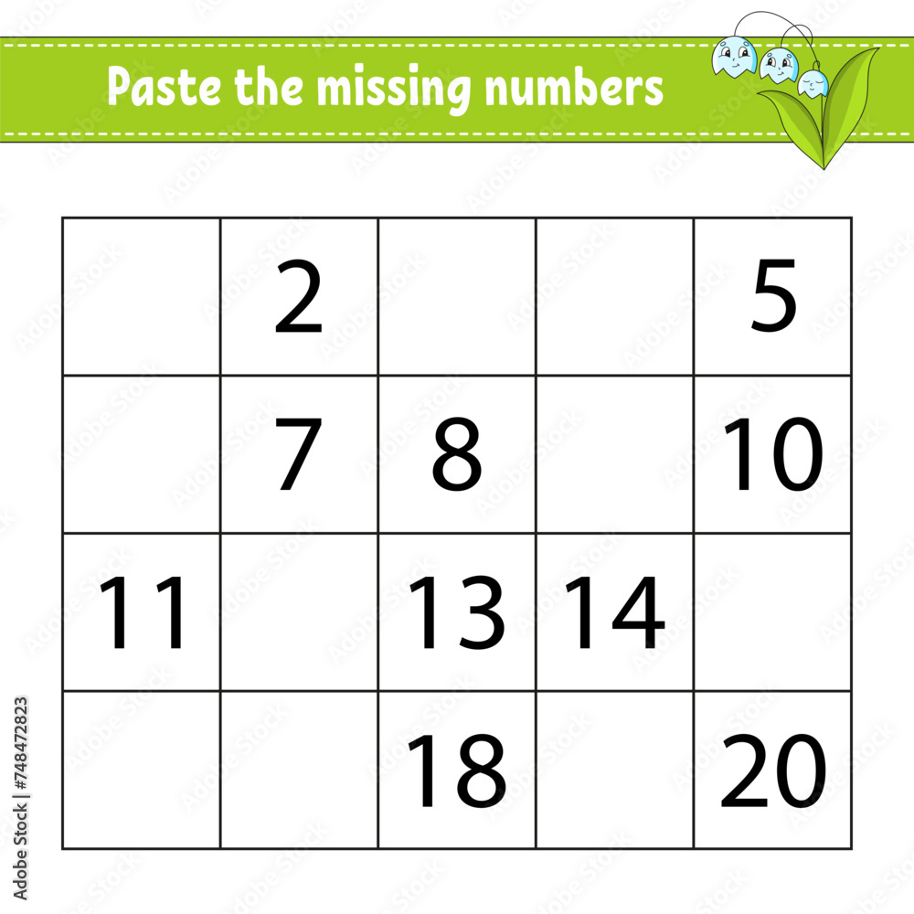 Paste the missing numbers 1-20. Game for children. Handwriting practice ...