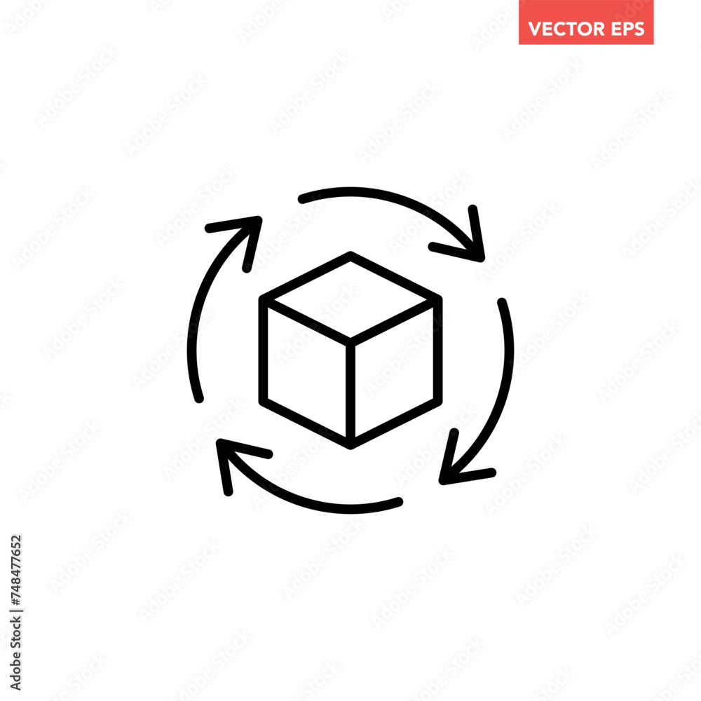 Black single rotating 3D cube model line icon, simple virtual reality ...