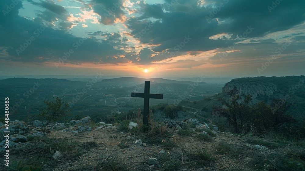 Silhouette jesus christ crucifix on cross on calvary sunset background ...