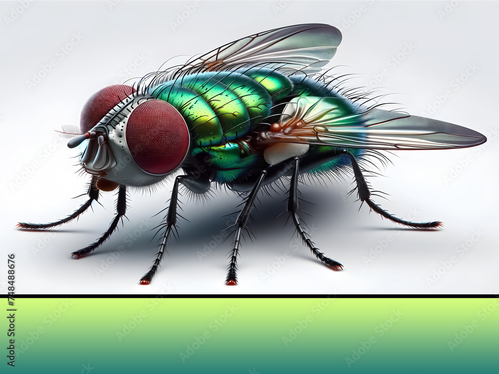 3D illustration of a Green Bottle Fly rubbing hands on a white ...