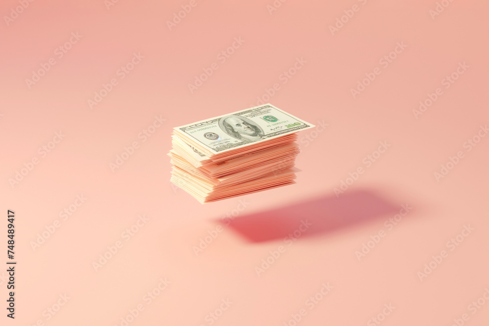 Stack of money flying on pastel background. 3d minimal banknote ...