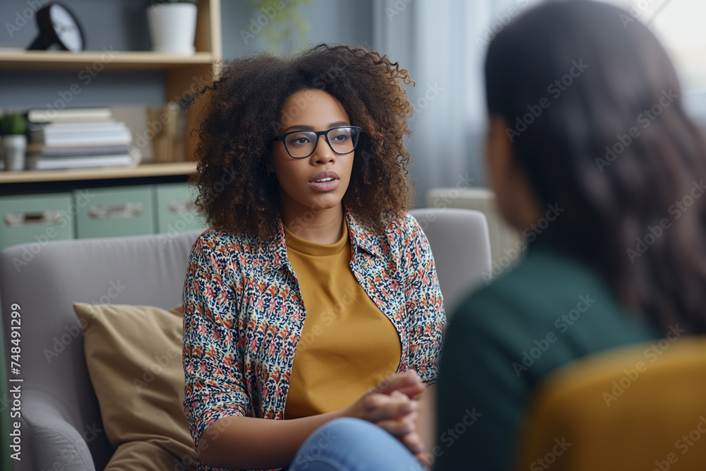 Psychotherapy consultation. Counselor talking to black woman on meeting ...