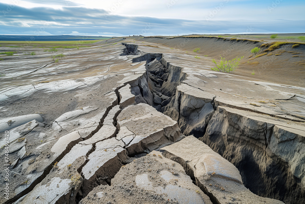 Geological fissures scar a desolate landscape, evidencing the dynamic ...